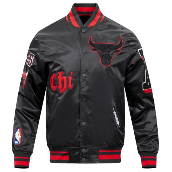 Chicago Bulls Old English Black Satin Varsity Jacket - 8 Ball Jacket